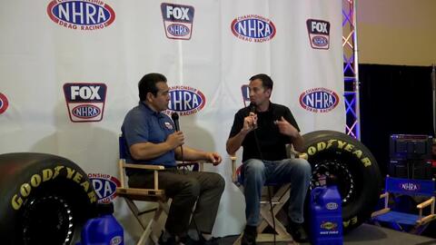 Ryan Oehler on the NHRA on FOX stage at the 2021 PRI Show