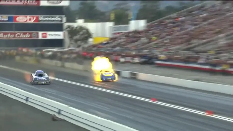 Watch Ron Capps drive through explosion at Lucas Oil NHRA ...