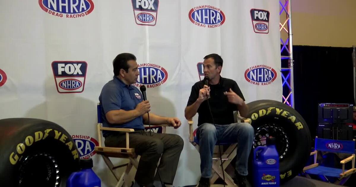 Ryan Oehler on the NHRA on FOX stage at the 2021 PRI Show