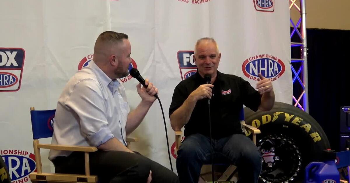 Tim Wilkerson on the NHRA on FOX stage at the 2021 PRI Show