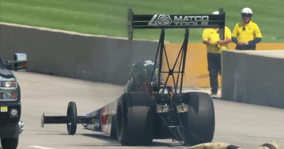 Antron Brown drives through explosion at Route 66 NHRA Nationals