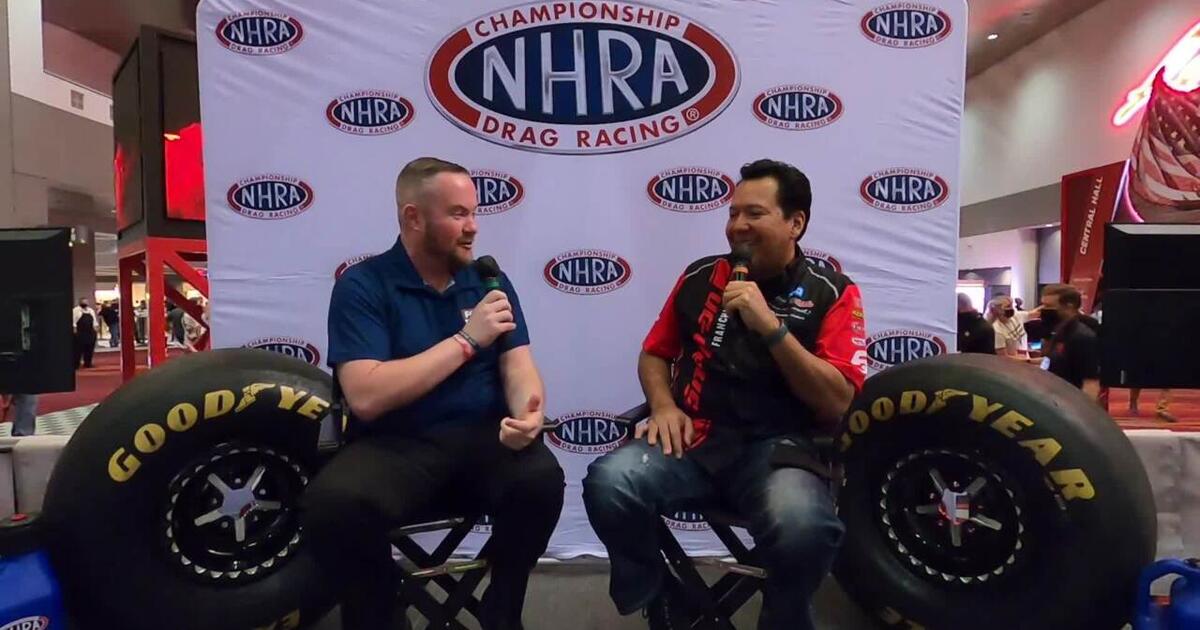 Cruz Pedregon on the NHRA stage at the 2021 SEMA Show.MP4