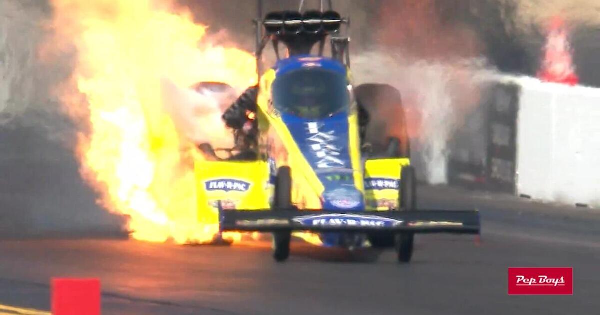 Pep Boys repair—Brittany Force drives through an engine explosion